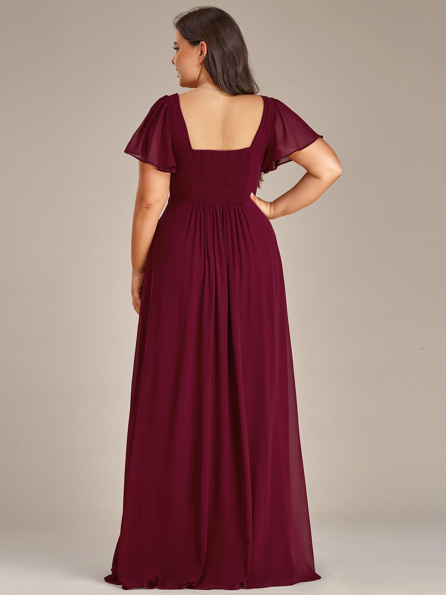 Ever-Pretty Plus Women's Curve Elastic Back Sweetheart High Slit A-Line Maxi Semi Formal Dresses with Sleeves Burgundy US18