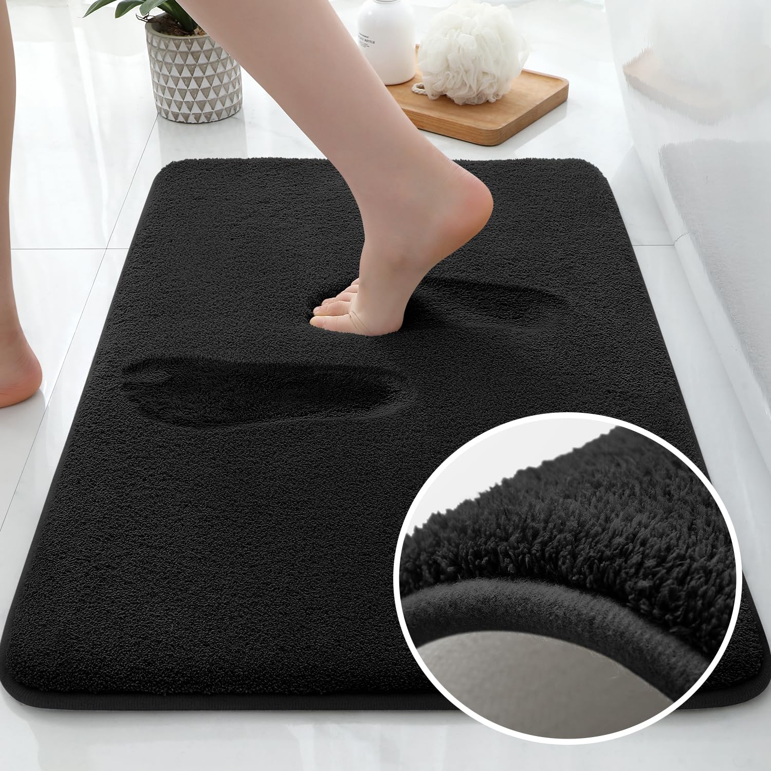 HOMEIDEAS Bathroom Rug, Upgraded Soft Extra Thick Absorbent Memory Foam, Washable Toilet Bath Mat (Black, 17x24)