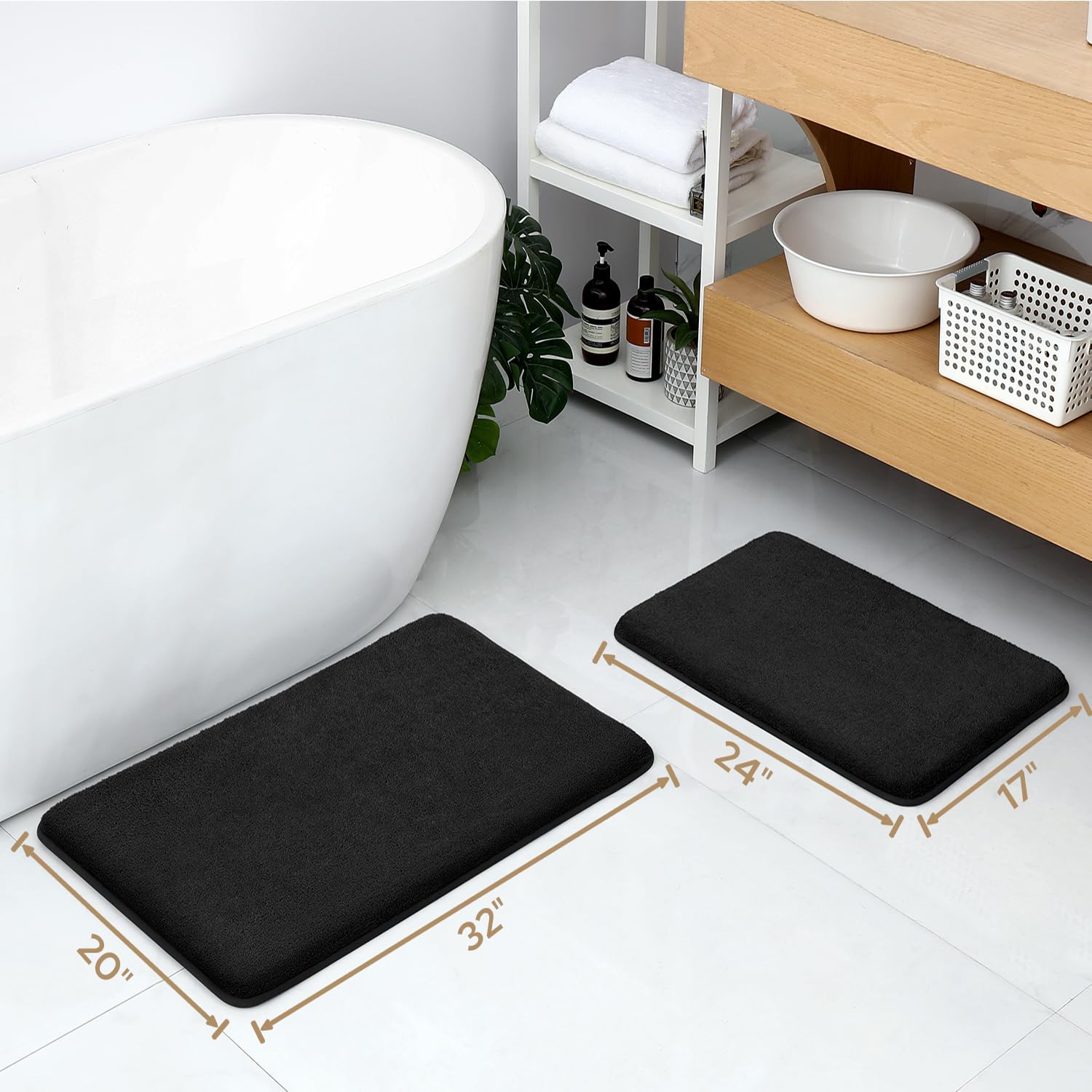 HOMEIDEAS Bathroom Rug, Upgraded Soft Extra Thick Absorbent Memory Foam, Washable Toilet Bath Mat (Black, 17x24)