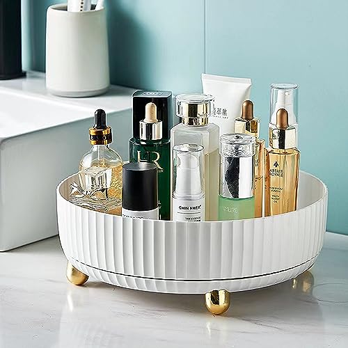 360° Rotating Storage Tray Bathroom Vanity Organizer Round Turntable Makeup Organizer, High Capacity Perfume Lazy Susan Desk Organizer for Dresser Countertop Cosmetic (Small, White)