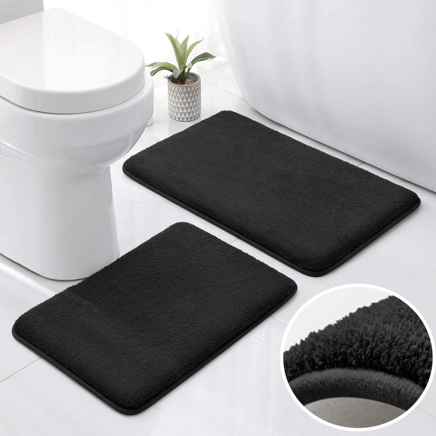 HOMEIDEAS 2 Piece Bathroom Rugs, Upgraded Soft Extra Thick Absorbent Washable Memory Foam Bath Mat Set (Black, 17x24+20x32)