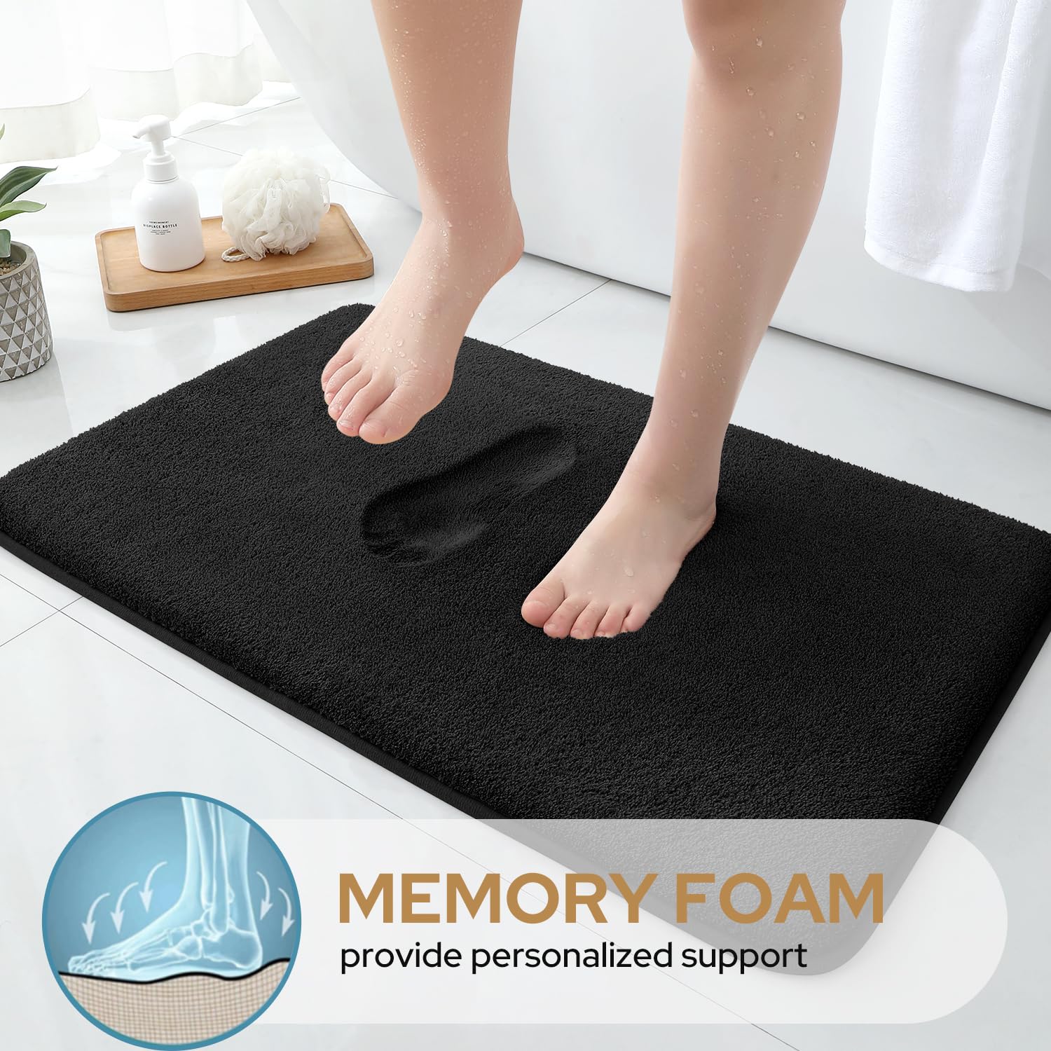 HOMEIDEAS 2 Piece Bathroom Rugs, Upgraded Soft Extra Thick Absorbent Washable Memory Foam Bath Mat Set (Black, 17x24+20x32)