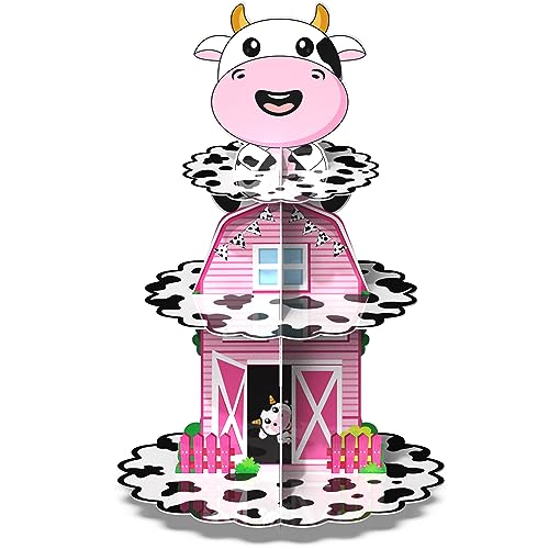 Farm Cow Print Cupcake Stand 3 Tier Farm Theme Animal Cup Cake Holder Cow Themed Party Decorations for Baby Shower Birthday Party Supplies