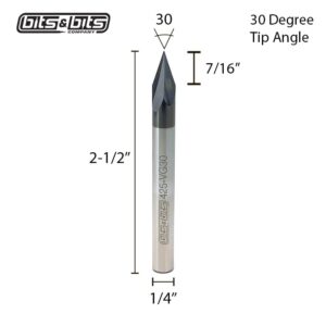 Bits&Bits - 30 Degree 2 Flute V - Groove CNC Router Bit - Made in USA - Part# 425-VG30 - Astra Coated for Extended Life