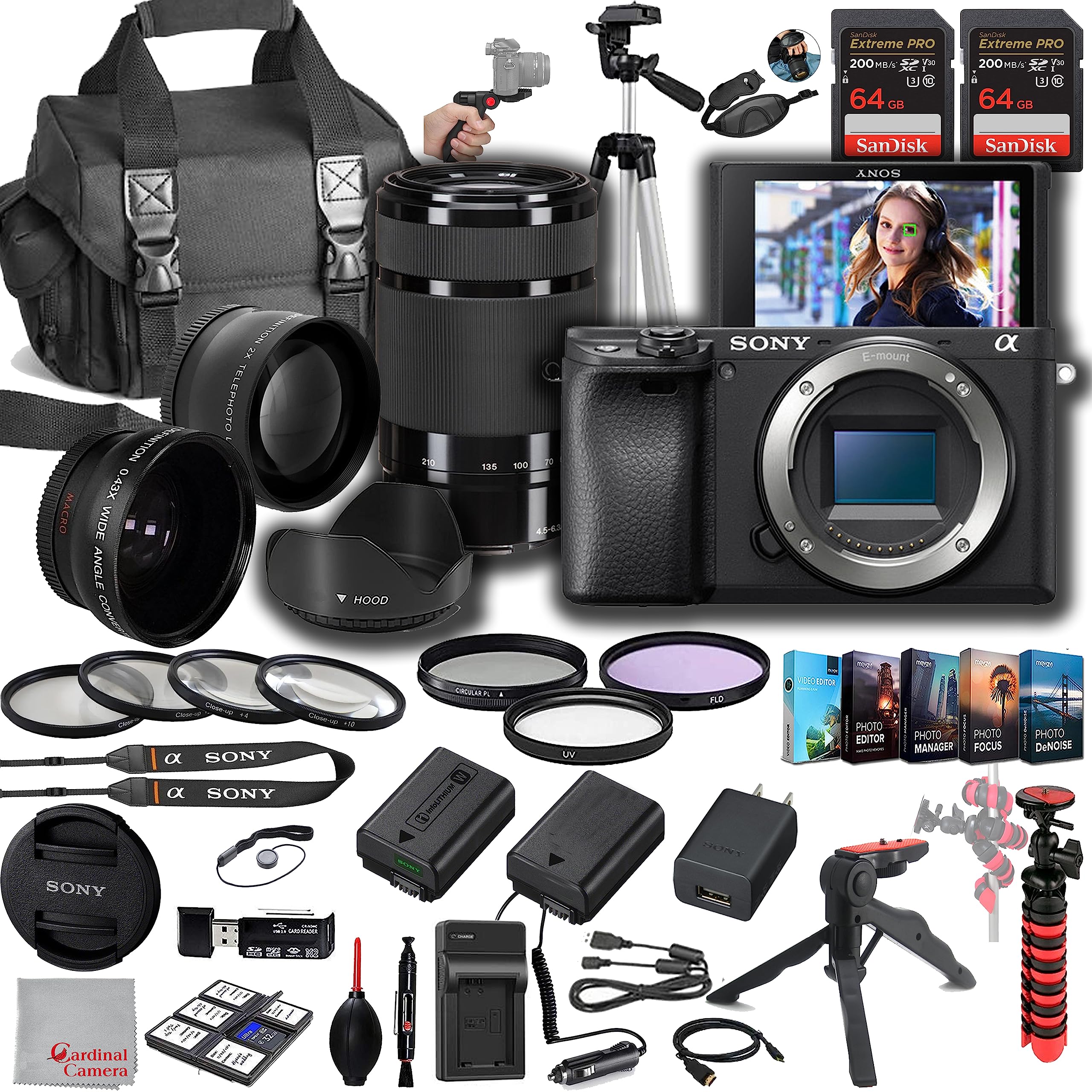 Sony a6400 Mirrorless Camera 55-210mm Lens, 128GB Extreem Memory,.43 Wide Angle & 2X Lenses, Case. Tripod, Filters, Spare Battery & Charger, Video & Photo Editing Software Kit -Deluxe Bundle