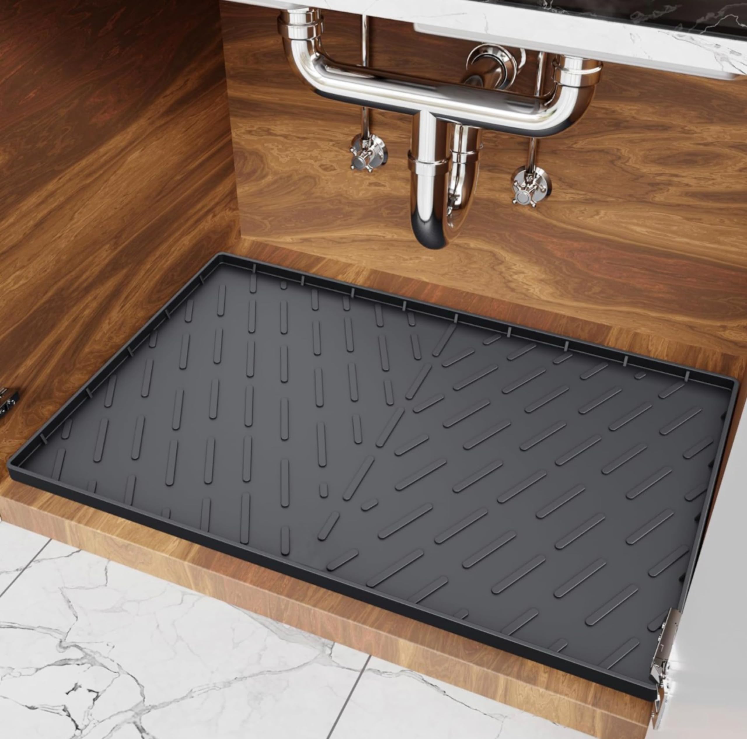 QUICK SNAP USA - 34" x 22" x 1" Designed in USA - Heavy Duty Thick Mat - Under Sink Mat for Bottom of Kitchen Sink Cabinets - Protect Your Kitchen With Waterproof Undersink Mats and Protectors Tray