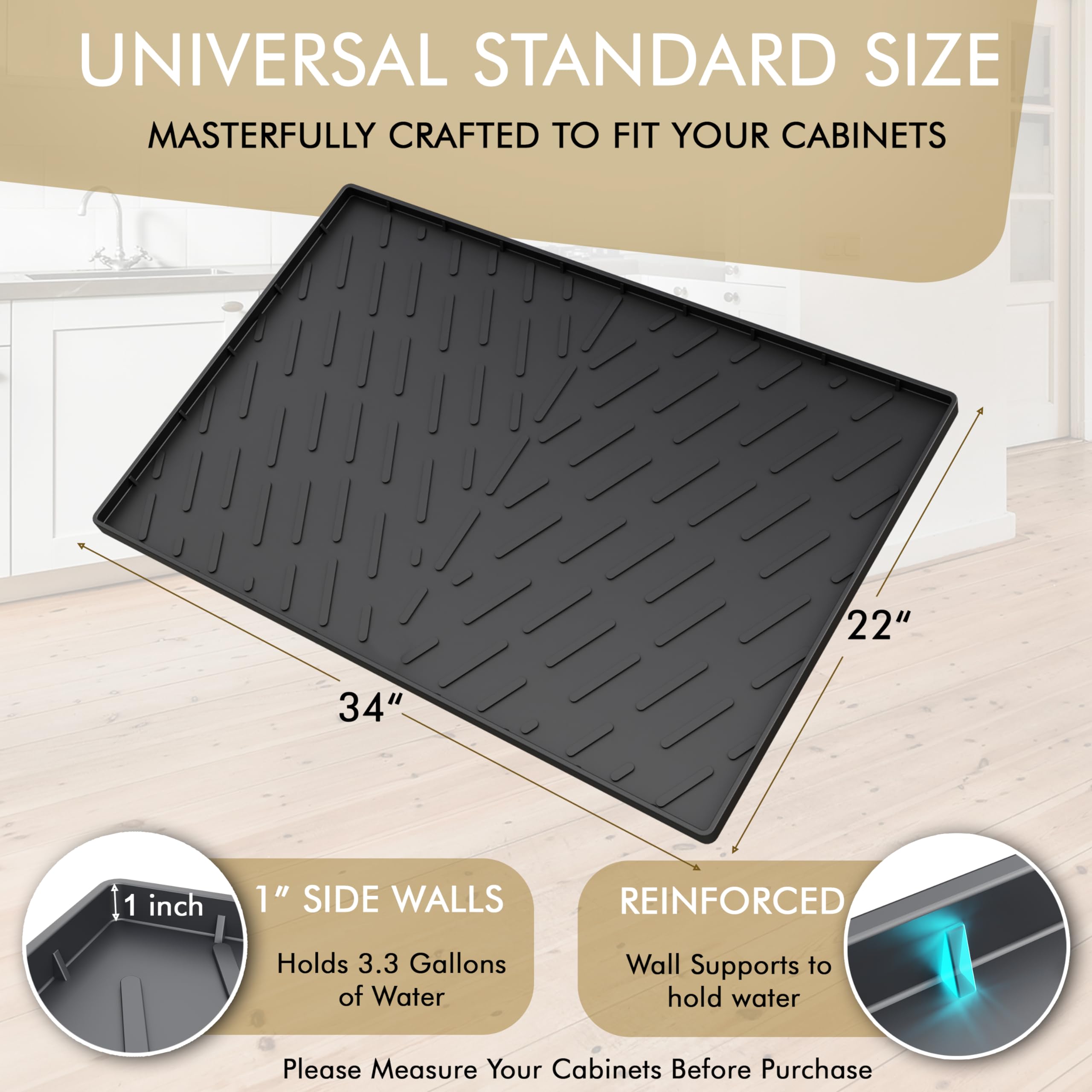 QUICK SNAP USA - 34" x 22" x 1" Designed in USA - Heavy Duty Thick Mat - Under Sink Mat for Bottom of Kitchen Sink Cabinets - Protect Your Kitchen With Waterproof Undersink Mats and Protectors Tray