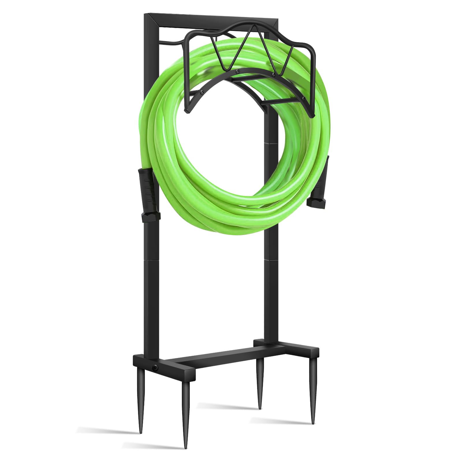 Garden Hose Holder Freestanding Outdoor - Heavy Duty Water Hose Holders for Outside,Metal Hose Stand with 4 Spikers,Hose Hanger Free Standing,Hose Storage for Outside,Holds 150-feet Hose,Black