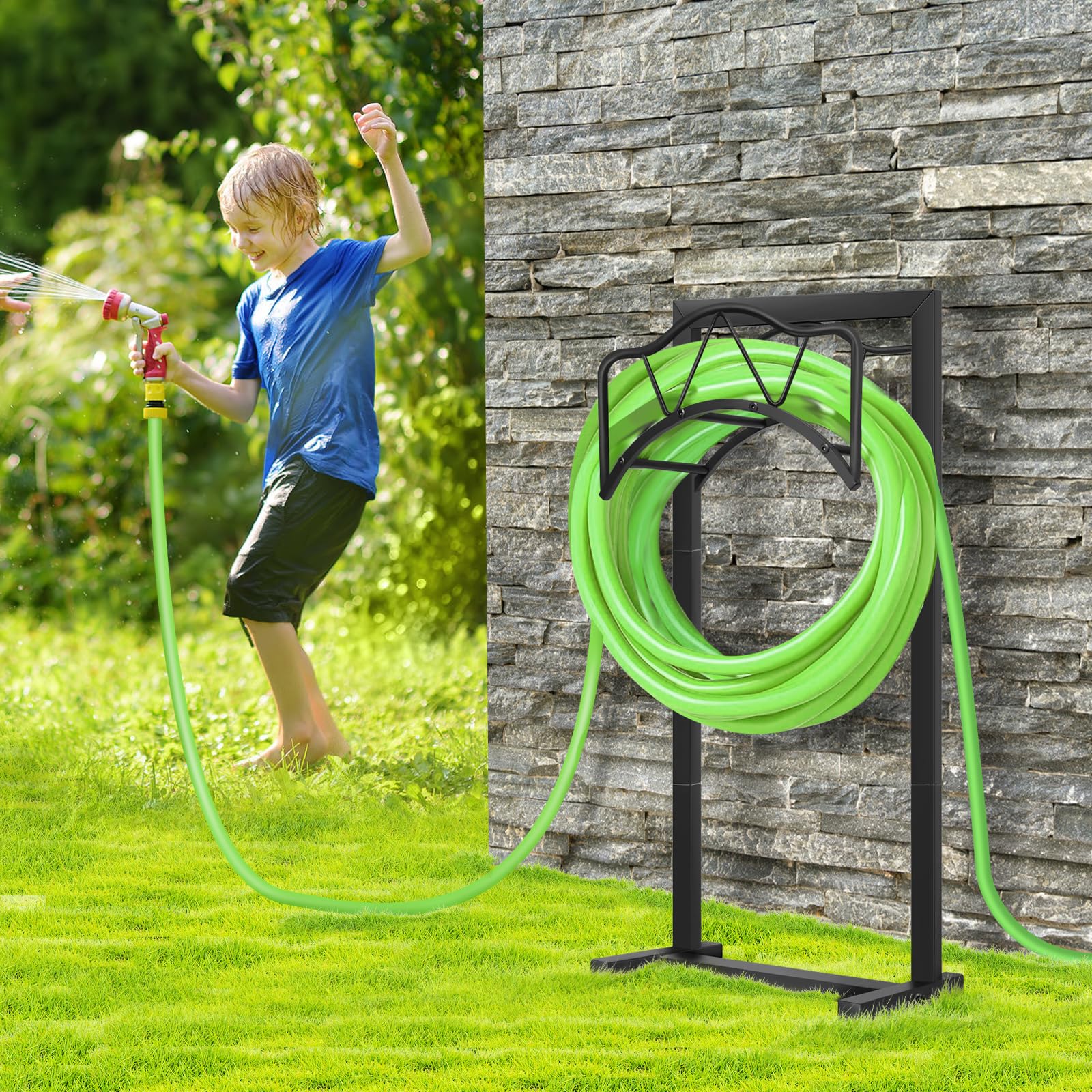 Garden Hose Holder Freestanding Outdoor - Heavy Duty Water Hose Holders for Outside,Metal Hose Stand with 4 Spikers,Hose Hanger Free Standing,Hose Storage for Outside,Holds 150-feet Hose,Black