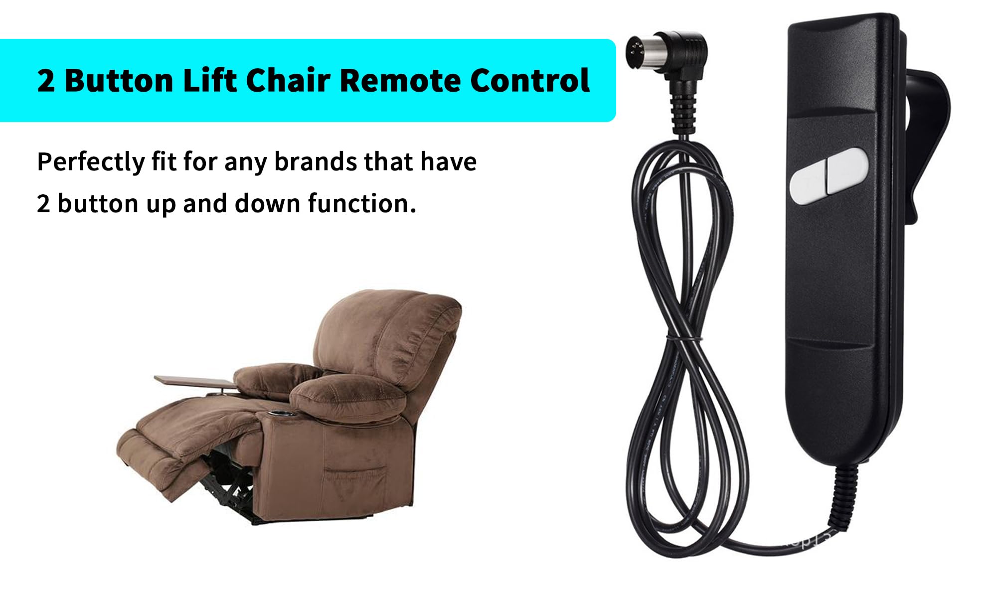 Lelukee Lift Chair Remote Control,Multiple Uses 2 Button 5 Pin Recliner Remote Control,Power Recliner Replacement Parts,with 2m Long Cable,Suitable for Power Recliners and Lift Chairs