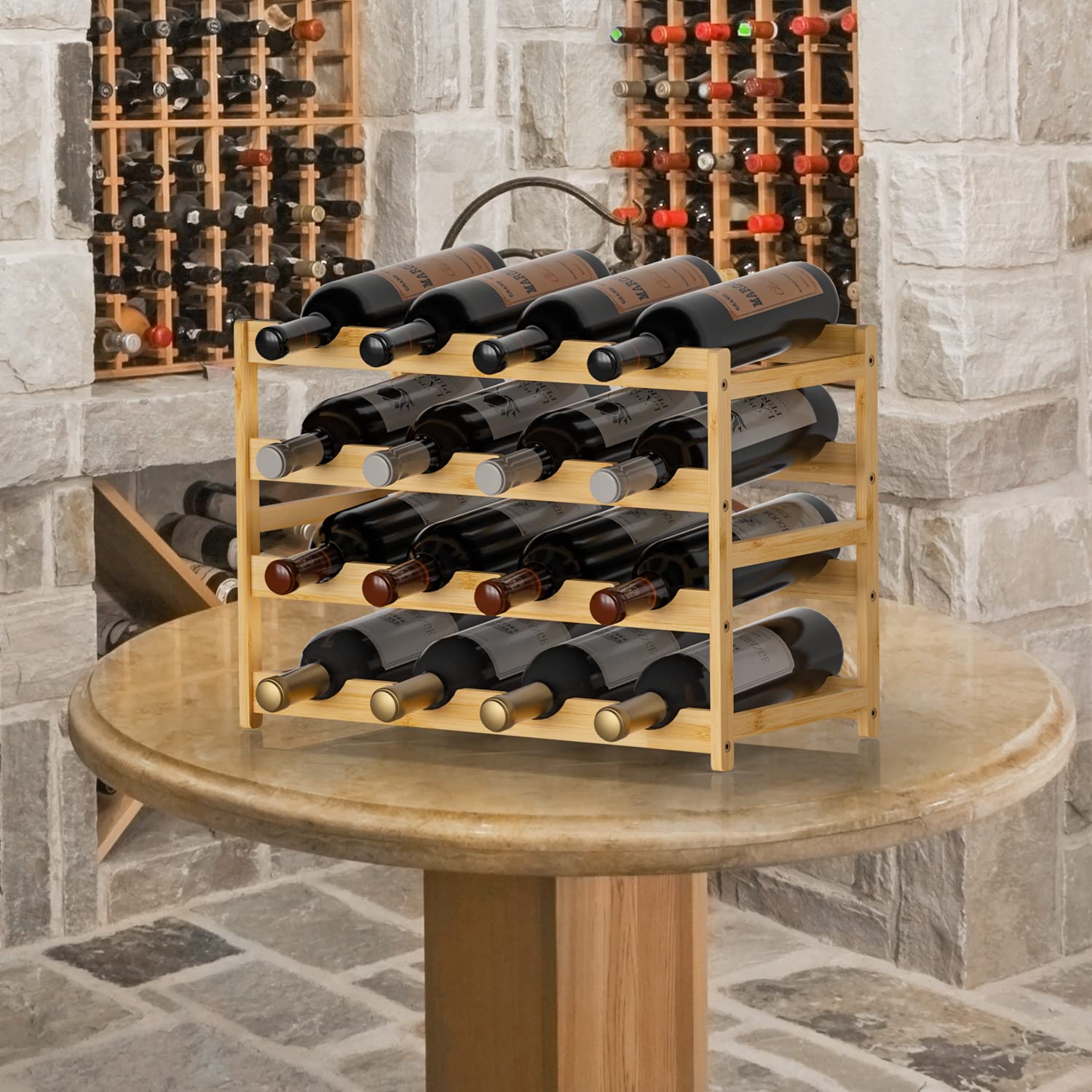 Ruichang Wine Rack Sturdy Wine Countertop - Bamboo Wine Bottle Holder Wine Storage Racks Counter Wine Stand Inserts for Cabinet Free Standing Floor Table Wine Organizer (4-Tier, 16 Bottle Capacity)