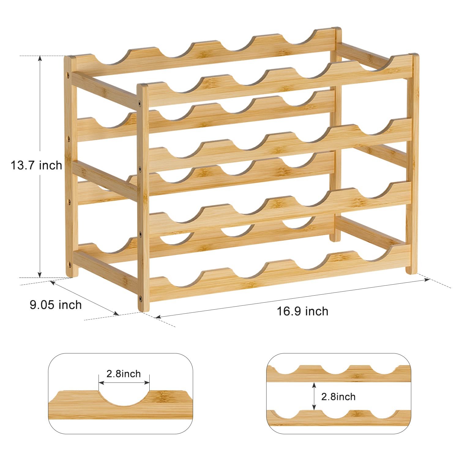 Ruichang Wine Rack Sturdy Wine Countertop - Bamboo Wine Bottle Holder Wine Storage Racks Counter Wine Stand Inserts for Cabinet Free Standing Floor Table Wine Organizer (4-Tier, 16 Bottle Capacity)