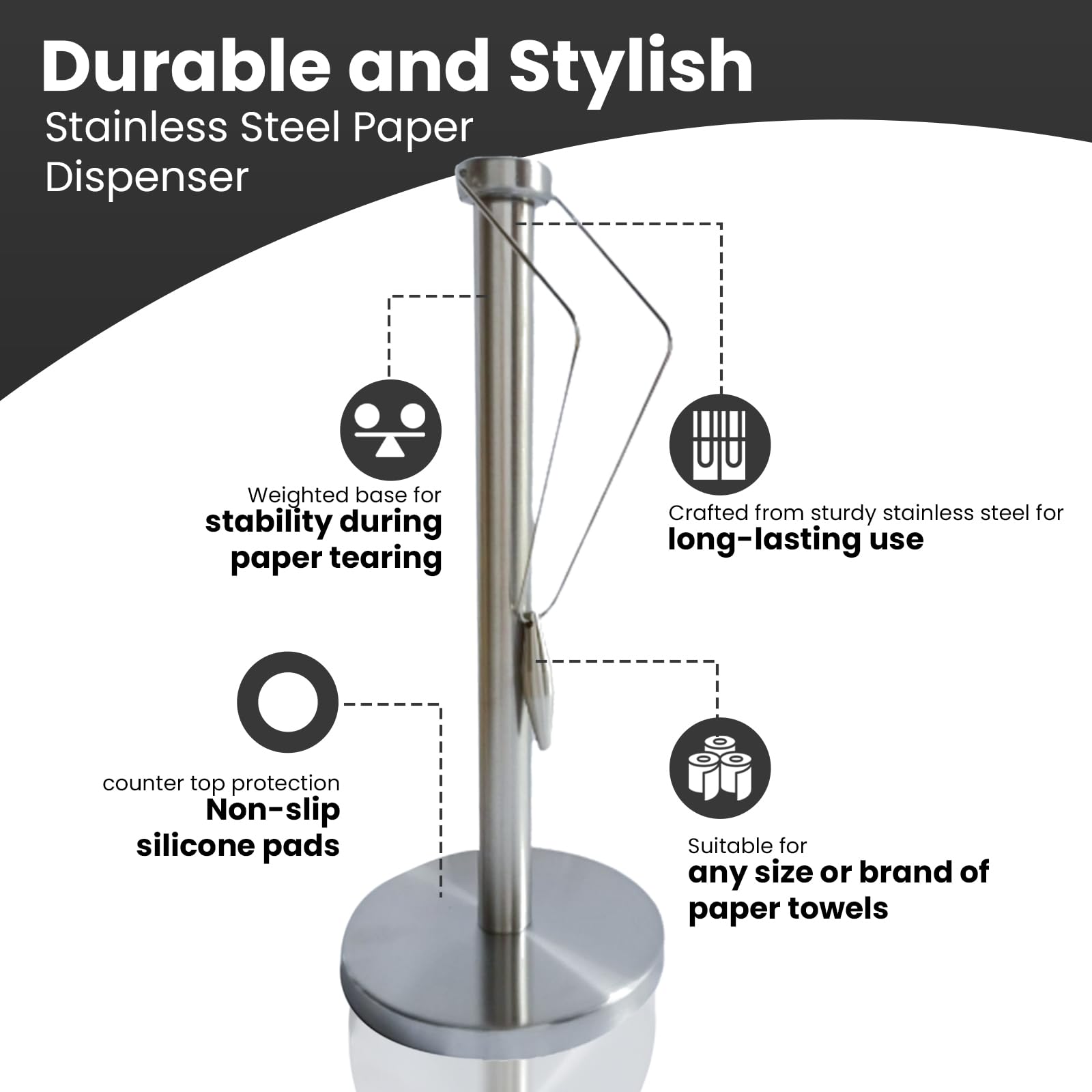 Experience The Difference with Our Revolutionary Paper Towel Holder. Simplify Your Kitchen or Dining Routine, Keep Your Countertop Organized, and Enjoy The Convenience You Deserve. (Silver)