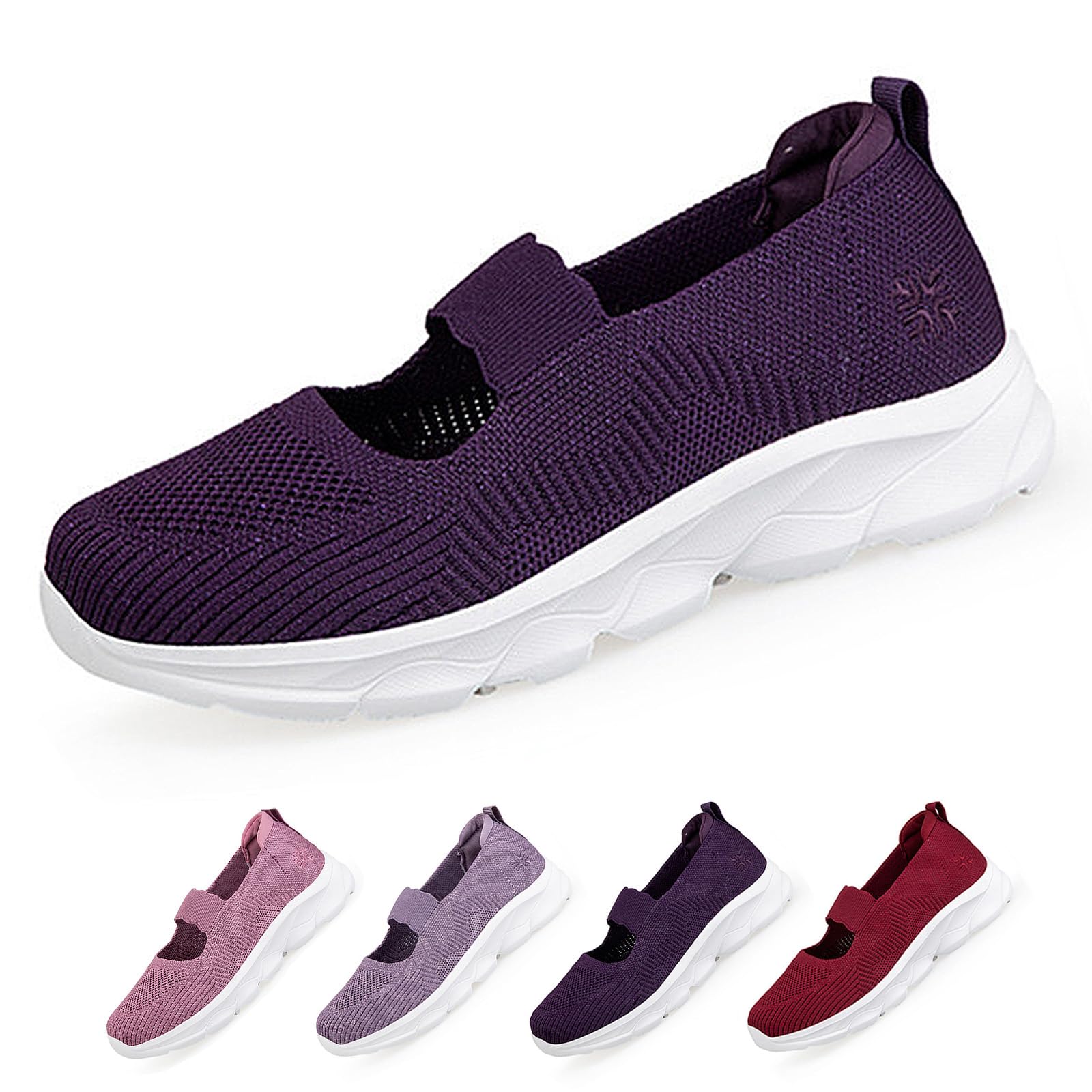 Women's Mesh Slip On Walking Shoes Flat Loafers with Elastic Band Soft Sole Comfortable Working Nurse Shoes Elderly Casual Memory Foam Sneakers Breathable Flat Mother Shoes (8.5,Deep Purple,Female)