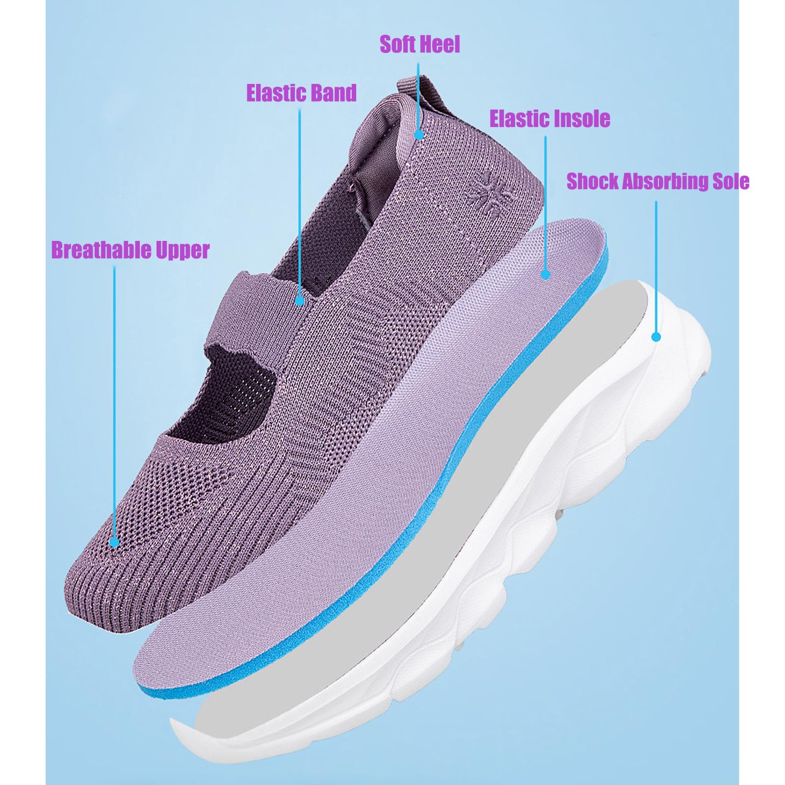 Women's Mesh Slip On Walking Shoes Flat Loafers with Elastic Band Soft Sole Comfortable Working Nurse Shoes Elderly Casual Memory Foam Sneakers Breathable Flat Mother Shoes (8.5,Deep Purple,Female)