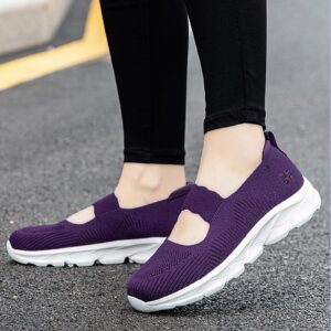 Women's Mesh Slip On Walking Shoes Flat Loafers with Elastic Band Soft Sole Comfortable Working Nurse Shoes Elderly Casual Memory Foam Sneakers Breathable Flat Mother Shoes (8.5,Deep Purple,Female)