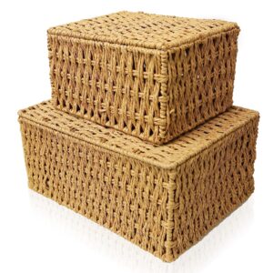 RoyalHouse Woven Stackable Storage Baskets with Lid, Decorative Rope Organizer Bin - Set of 2 (2 Sizes), Beige (No Liner)