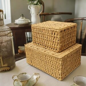 RoyalHouse Woven Stackable Storage Baskets with Lid, Decorative Rope Organizer Bin - Set of 2 (2 Sizes), Beige (No Liner)