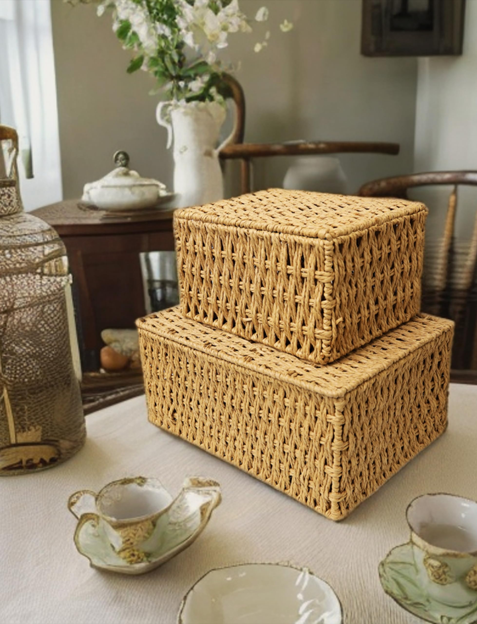 RoyalHouse Woven Stackable Storage Baskets with Lid, Decorative Rope Organizer Bin - Set of 2 (2 Sizes), Beige (No Liner)