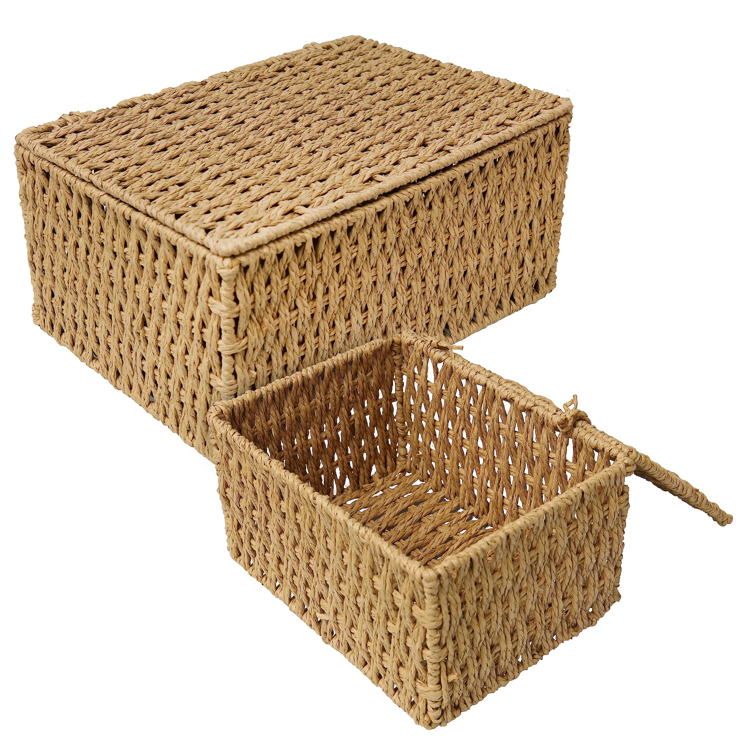 RoyalHouse Woven Stackable Storage Baskets with Lid, Decorative Rope Organizer Bin - Set of 2 (2 Sizes), Beige (No Liner)