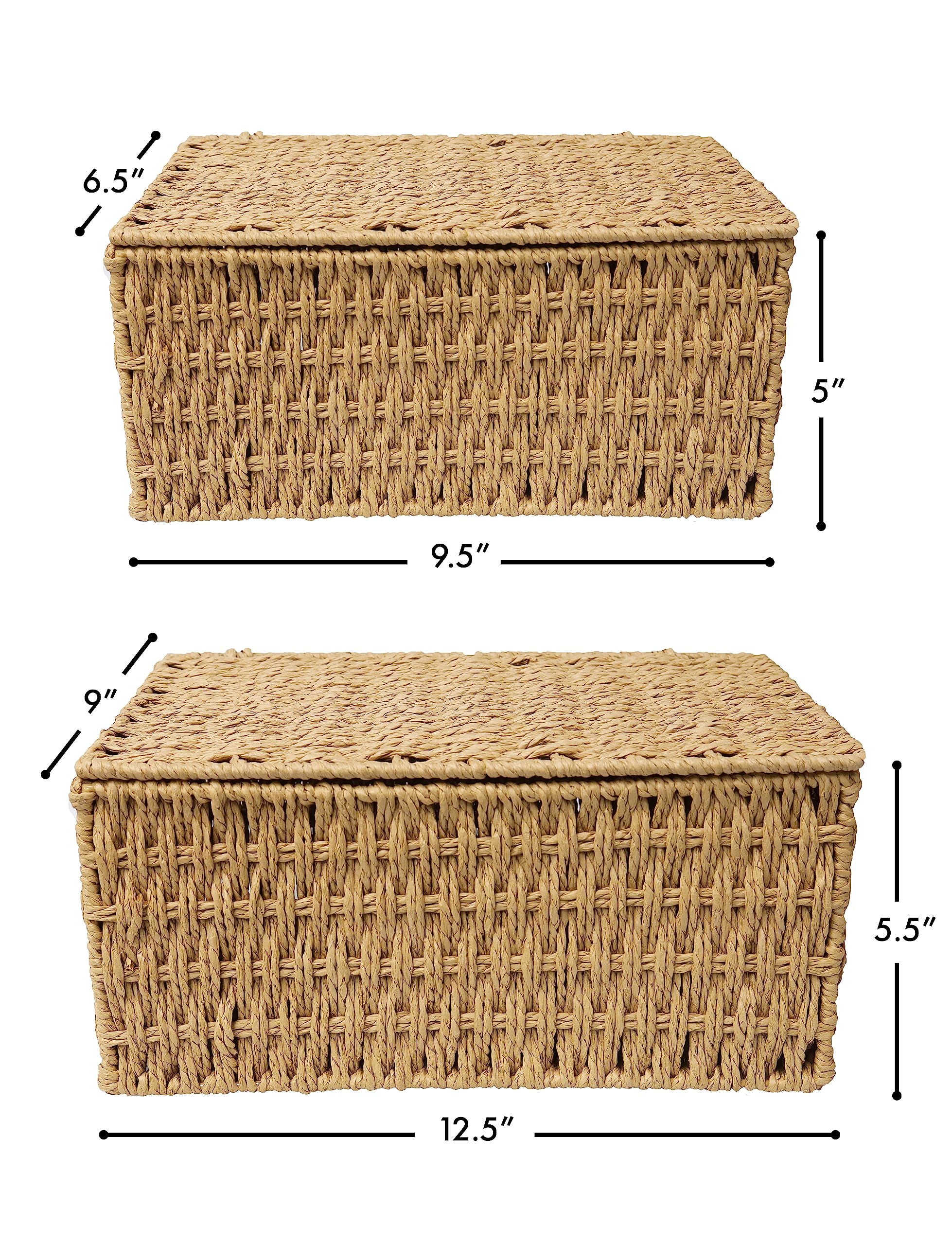 RoyalHouse Woven Stackable Storage Baskets with Lid, Decorative Rope Organizer Bin - Set of 2 (2 Sizes), Beige (No Liner)