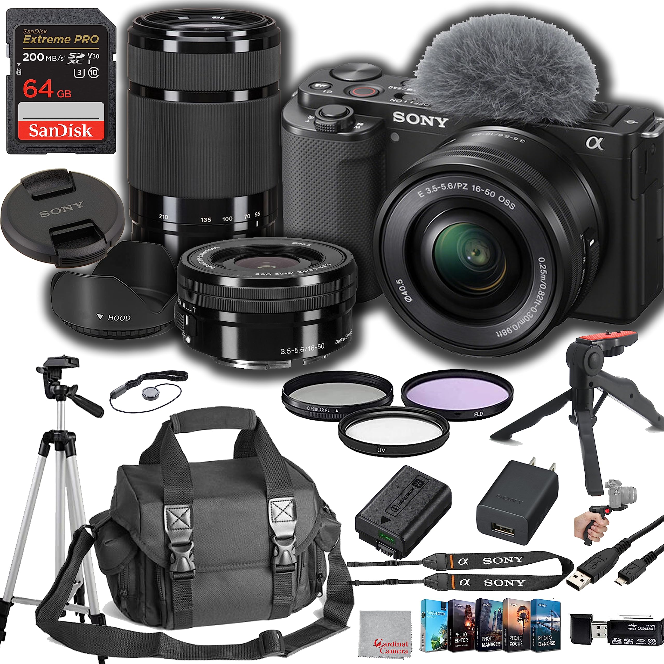 Sony ZV-E10 Mirrorless Camera with with 16-50mm + 55-210mm Lenses, 64GB Extreem Speed Memory, Case. Tripod, Filters, Hood, Grip, & Professional Video & Photo Editing Software Kit