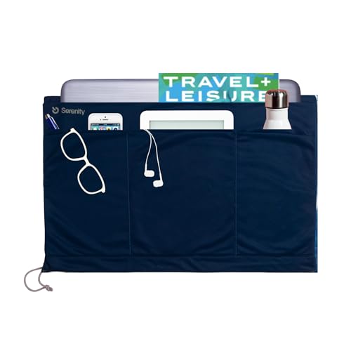 Serenity Organizers AirplaneTravel Tray Organizer, Lightweight and Compact, 4 Storage Pockets, Reusable, Washable Fabric, Converts to Drawstring Tote, Elastic back for most airplanes, Indigo Blue