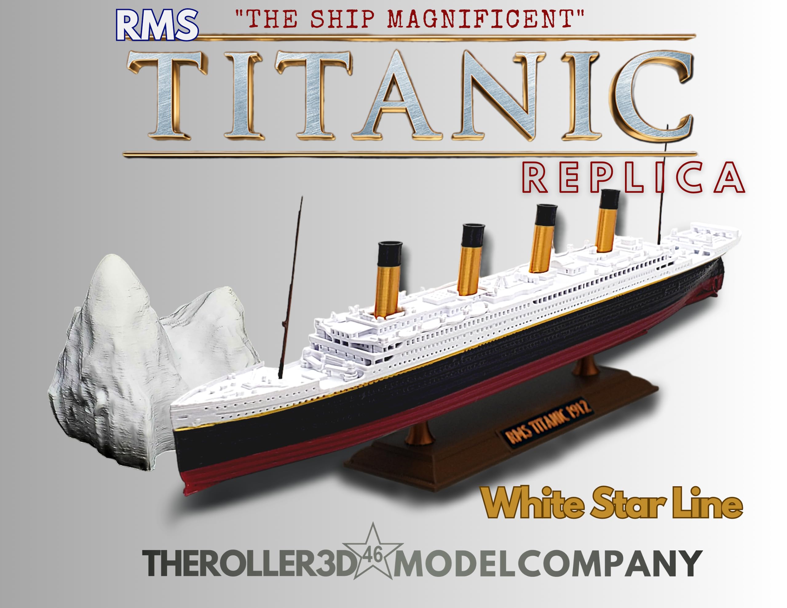 TheRoller3d RMS Titanic Model Ship with Iceberg, 1 Ft Long Assembled, Titanic Toys for Kids, Historically Accurate Titanic Toy, Titanic Ship, Titanic Cake Topper, Titanic Figurine, Titanic Boat