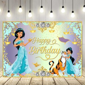 Blue Princess Jasmine Backdrop for Birthday Party Supplies 5x3ft Aladdin Theme Baby Shower Banner for Birthday Party Cake Table Decoration