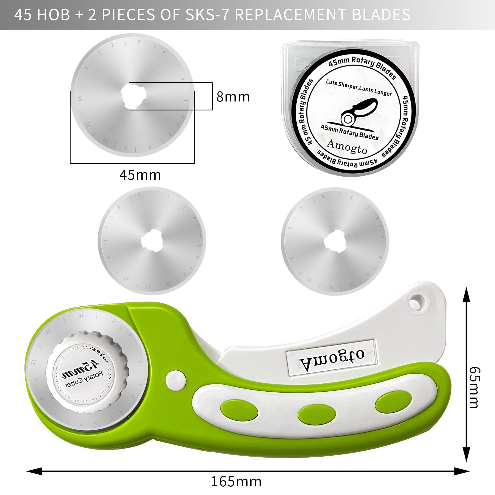 Amogto Rotary Cutter for Fabric, 45mm Fabric Cutter with 3pcs Rotary Cutter Blades, Ergonomic Quilting Supplies Tool for Leather, Crafting, Sewing, Quilting, Fabric Cutter Wheel for Left & Right Hand