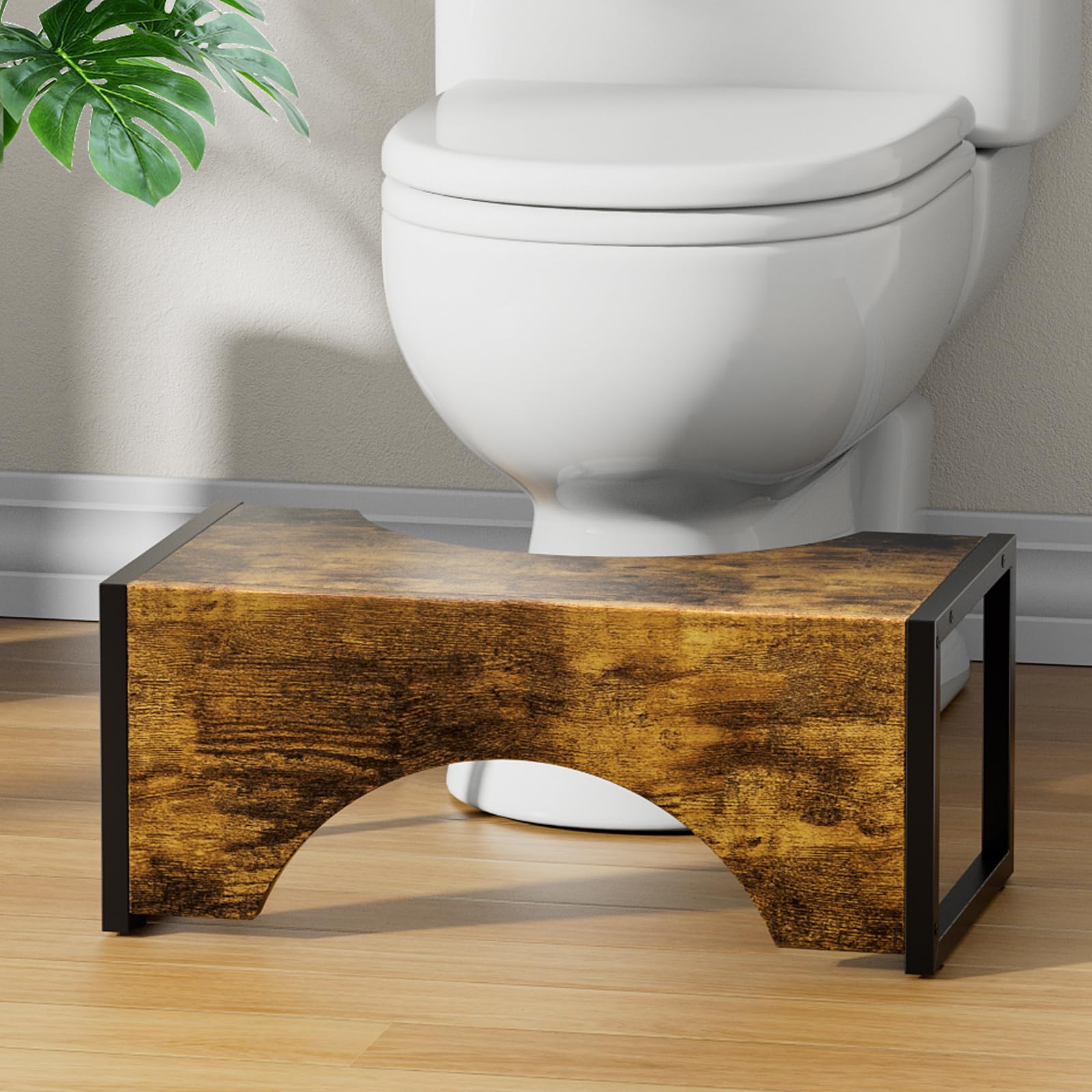 MAWEW Toilet Stool- 7.8'' Upgraded Wooden with Metal Poop Stool, Black Toilet Stool Squat Adult with Non-Slip Pads, Suitable for Everyone