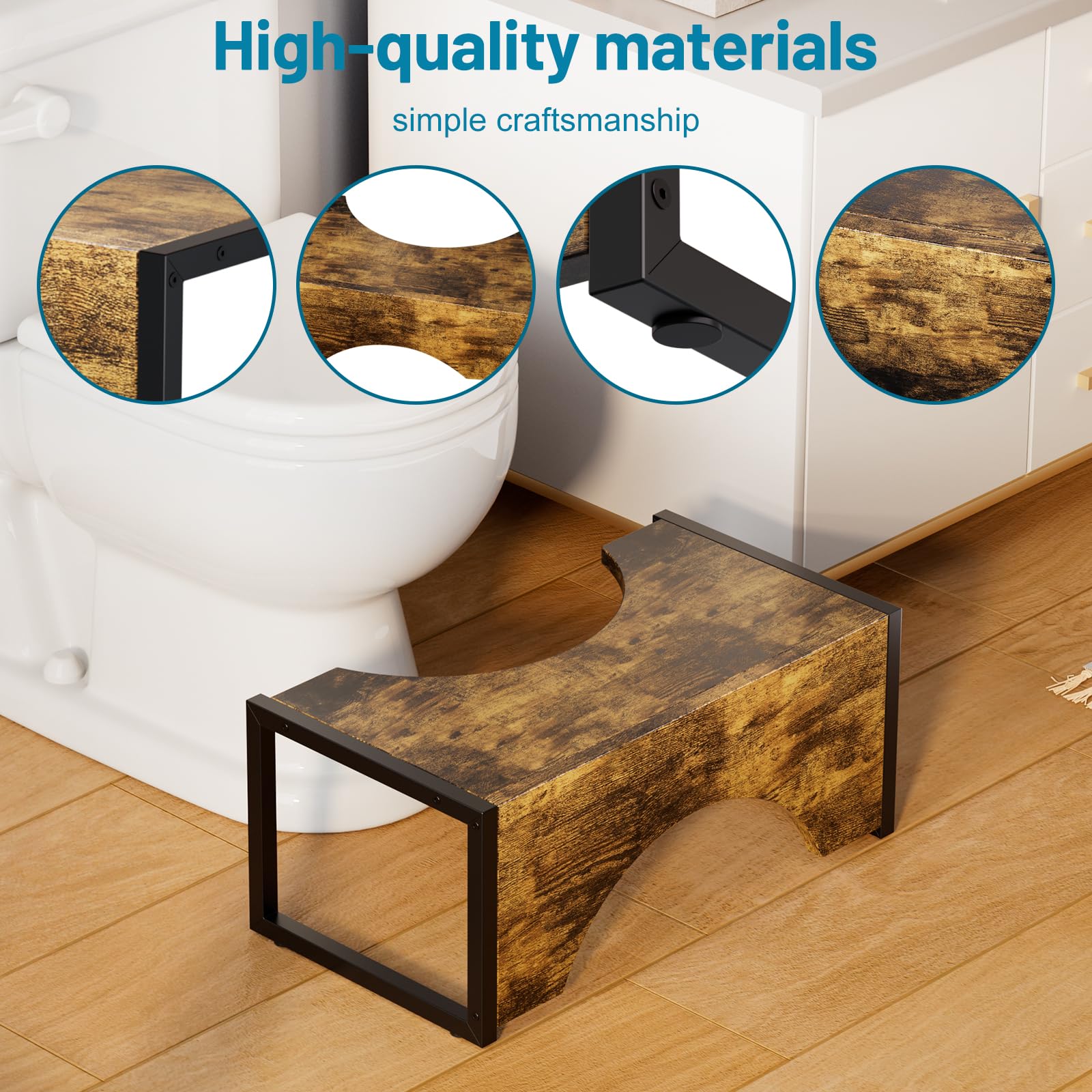 MAWEW Toilet Stool- 7.8'' Upgraded Wooden with Metal Poop Stool, Black Toilet Stool Squat Adult with Non-Slip Pads, Suitable for Everyone