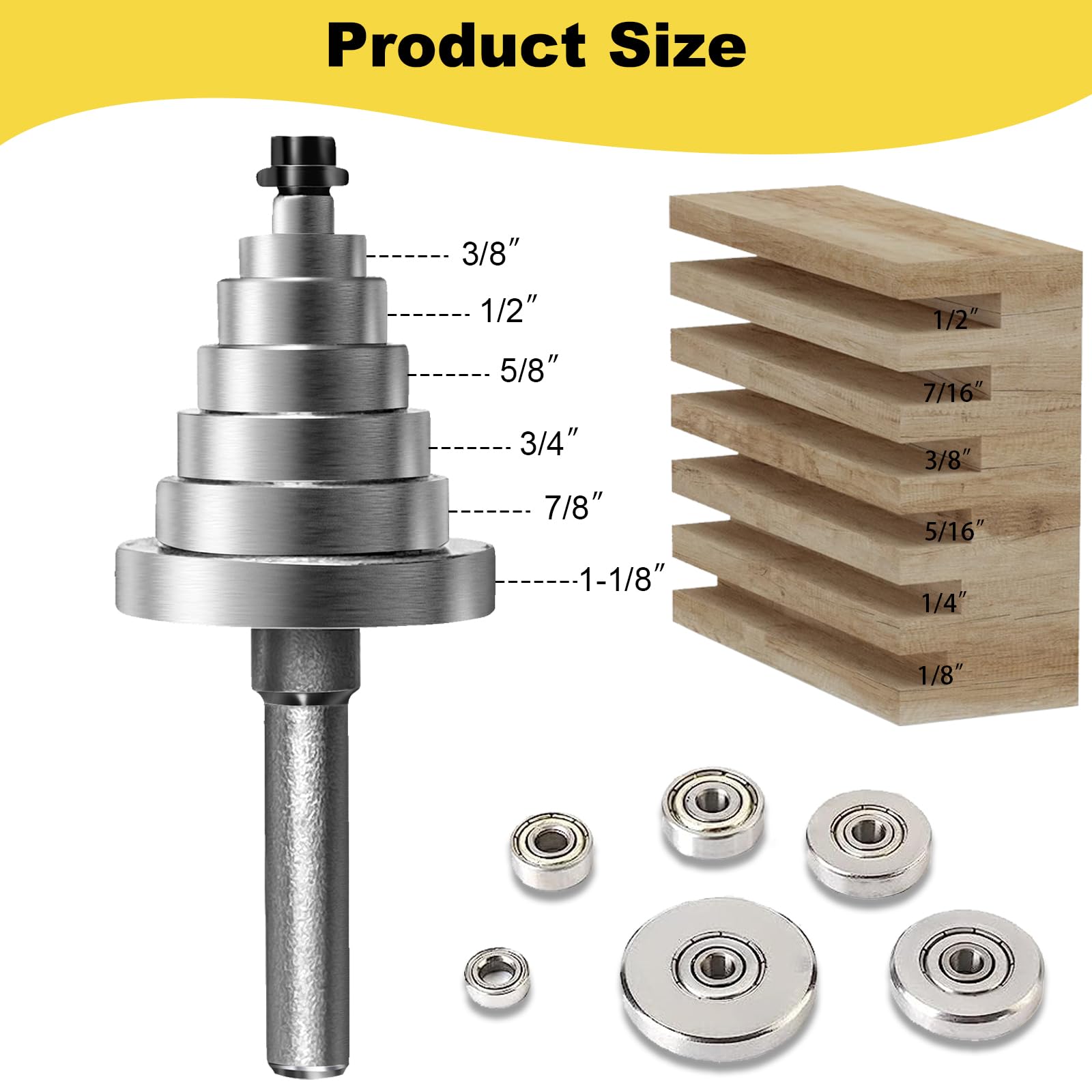 1/4 Inch Shank Rabbet Router Bit Set, 3 Pieces Carbide Tipped Rabbeting Router Bit with 6 Bearings Set, Interchangeable and Adjustable Bearing (Multiple Depths 1/8", 1/4", 5/16", 3/8", 7/16", 1/2")