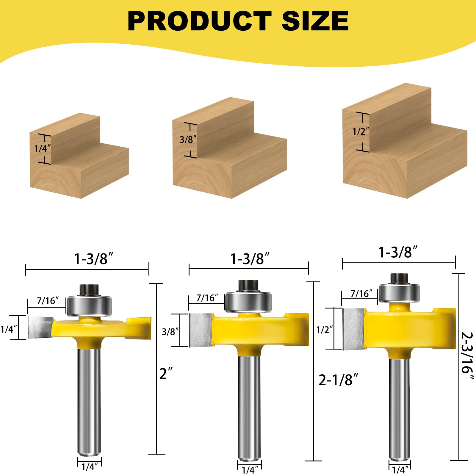 1/4 Inch Shank Rabbet Router Bit Set, 3 Pieces Carbide Tipped Rabbeting Router Bit with 6 Bearings Set, Interchangeable and Adjustable Bearing (Multiple Depths 1/8", 1/4", 5/16", 3/8", 7/16", 1/2")