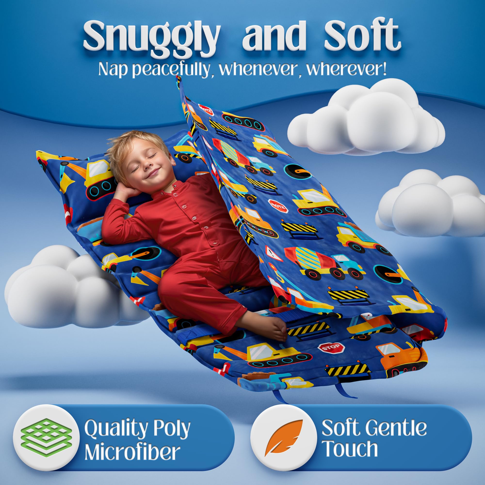 Klevly Nap Mats for Preschool Ages 3-5 | Soft & Non-Toxic Fabric | Nap Mat for Toddlers | Toddler Nap mats for Daycare | Kindergarten Nap Mat | Toddler Nap Mat | Construction Kids Nap Mat