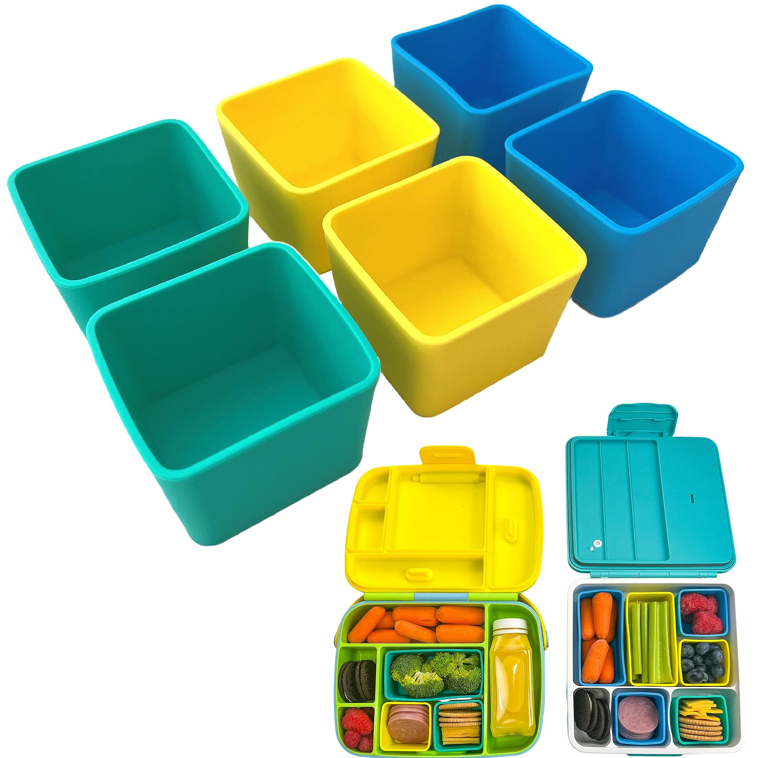 Square Silicone Lunch Box Dividers 6pcs - Bento Box Divider 2"x2"x1.5" - Bento Box Accessories Cupcake Baking Cups - Meal Prep Containers Blue Turquoise Yellow