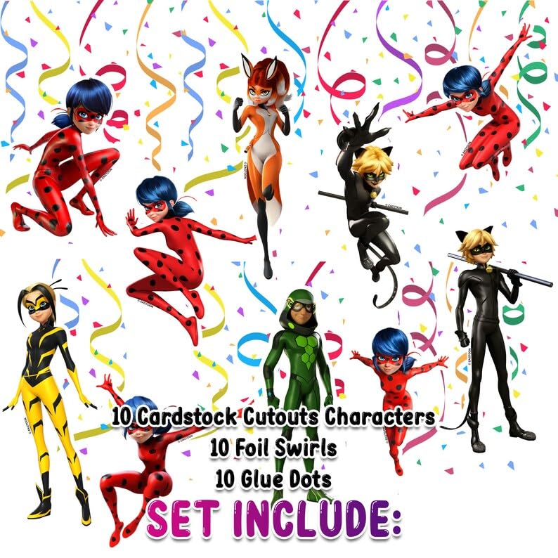 10 Pcs Miraculous Ladybug Streamers for Kids. Cartoon Ladybug Hanging Ceiling Swirls for Birthday Party Decorations.