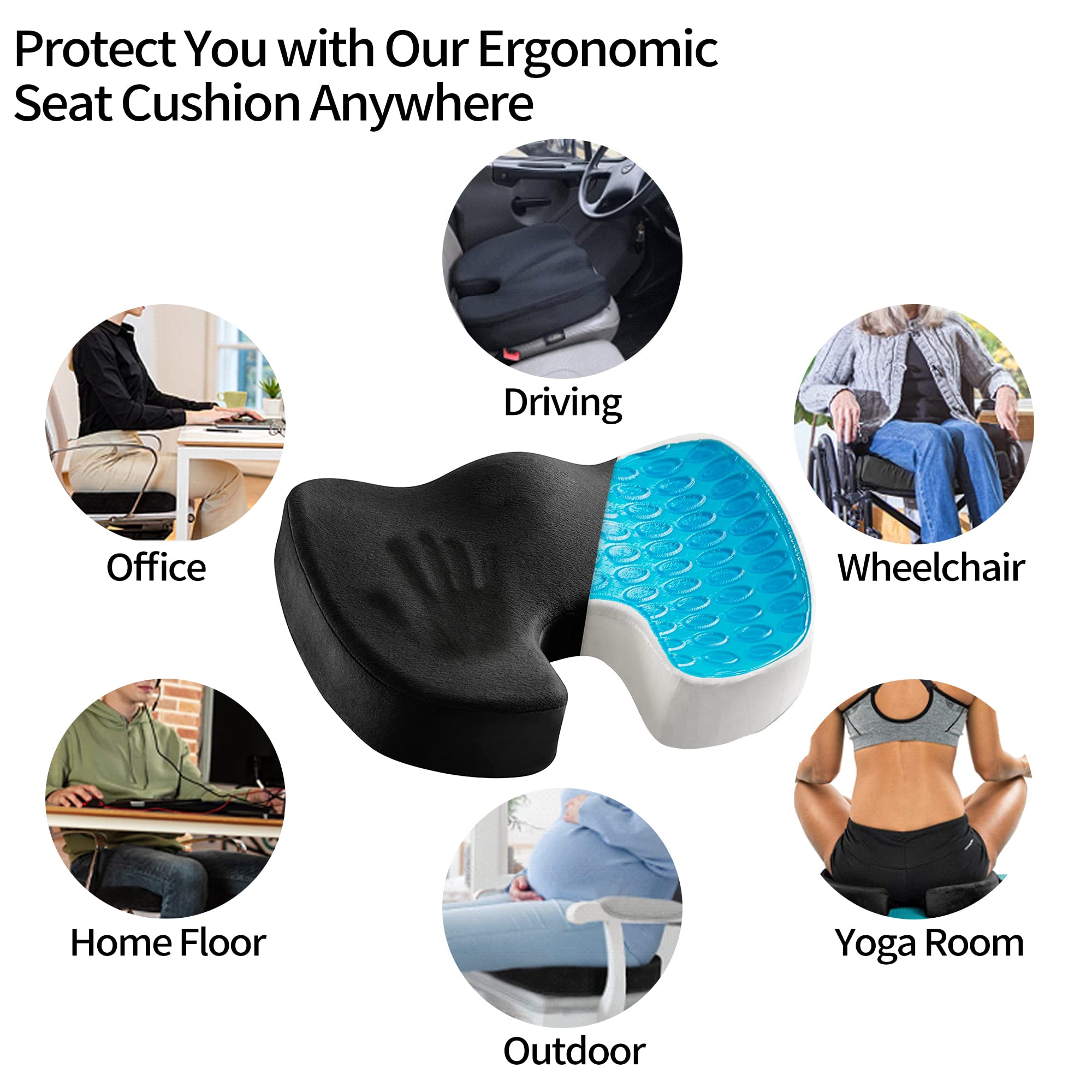 Gel Seat Cushion with Premium Memory Foam Orthopedic U Cooling Chair Cushions for Pain Relief - Ergonomic Coccyx Cushion Sciatica Butt Pillow for Wheelchair Mobility Office & Car Use