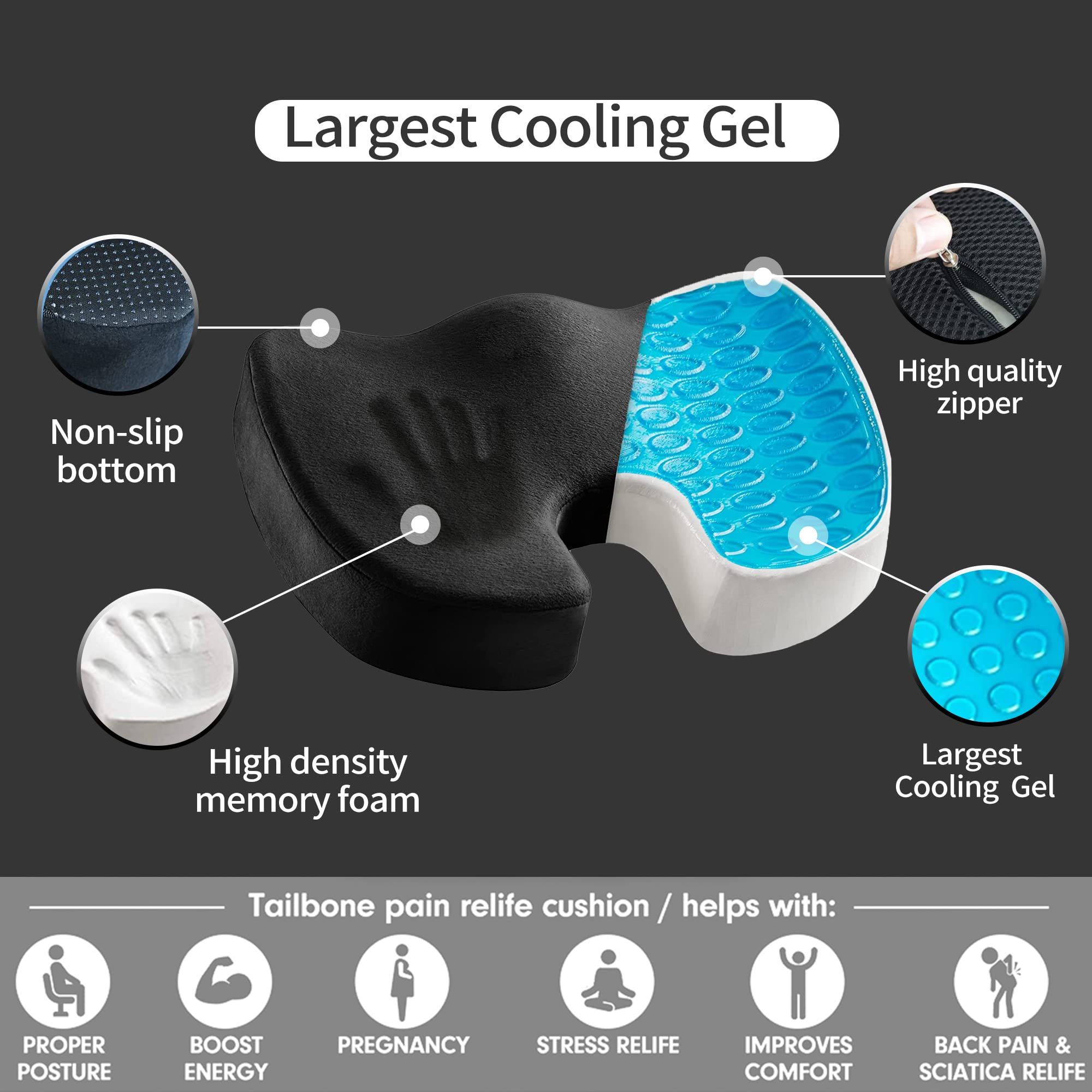 Gel Seat Cushion with Premium Memory Foam Orthopedic U Cooling Chair Cushions for Pain Relief - Ergonomic Coccyx Cushion Sciatica Butt Pillow for Wheelchair Mobility Office & Car Use