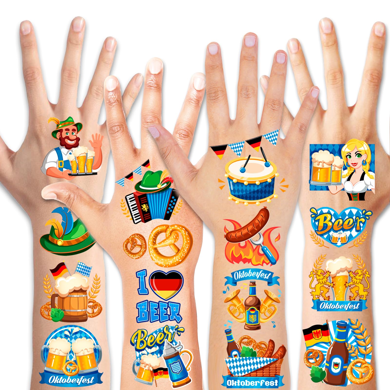 HOWAF 96pcs Oktoberfest Temporary Tattoos, Ein Prosit German Beer Festival Tattoo Stickers for Oktoberfest Party Decoration, Bavaria Flag Fake Tattoos for Oktoberfest Beer Festival Party Supplies