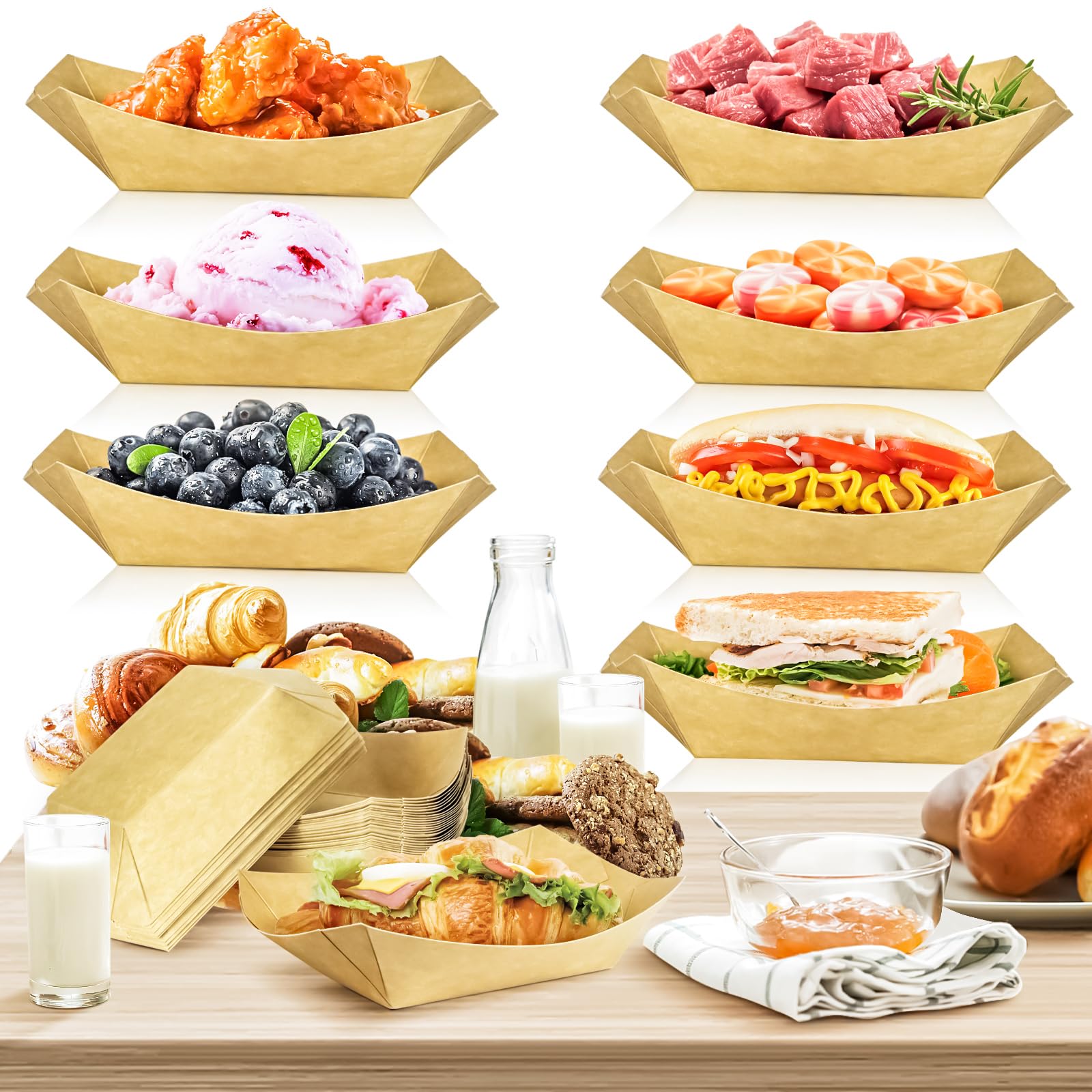 MotBach 200 Pack 2lb Kraft Paper Food Trays Disposable Paper Boats, Heavy-Duty Food Boats, Paper Food Serving Boat Tray Basket for Snacks Popcorns BBQ Sandwich Burgers Hot Dogs Tacos Fries Nachos