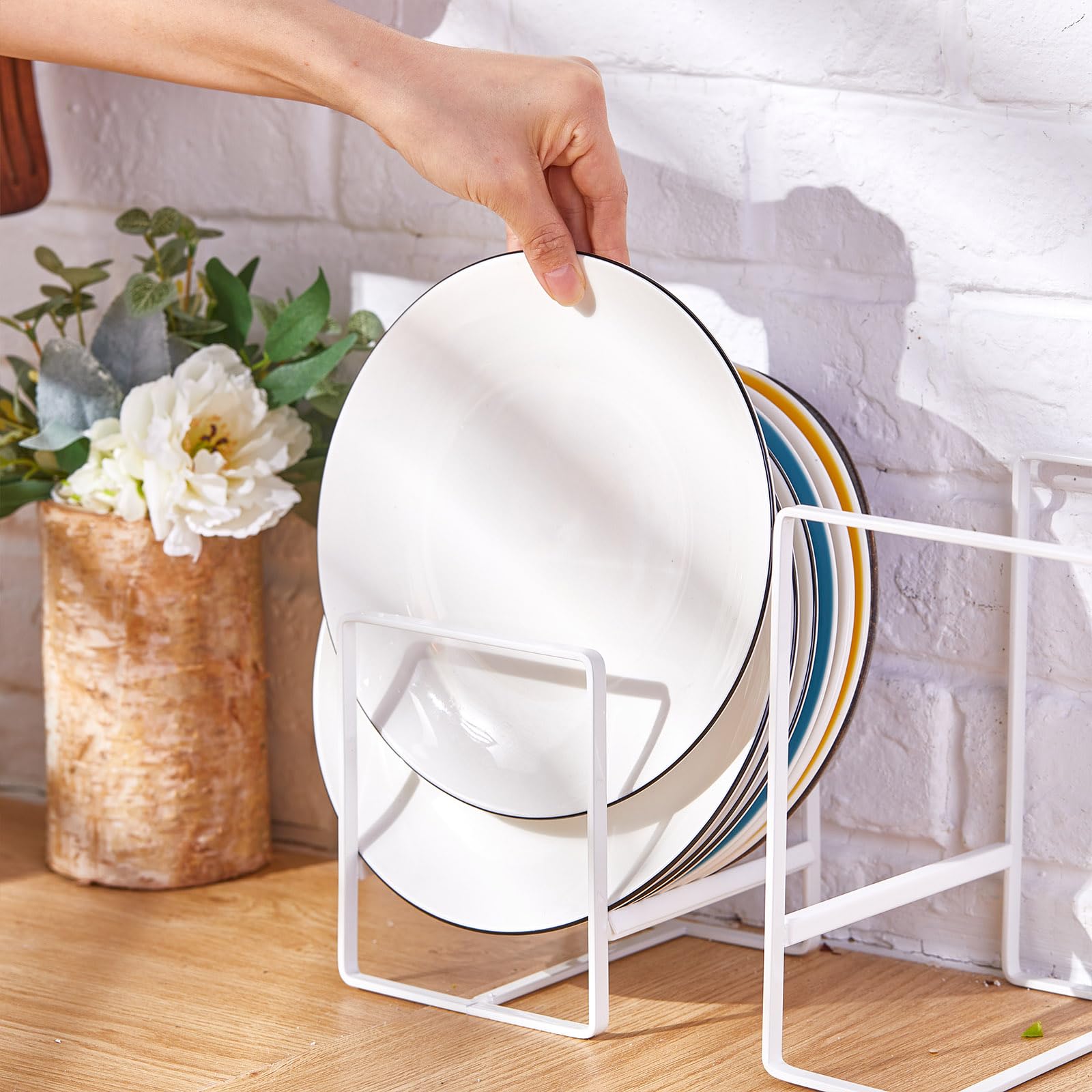 Skylety 8 Pcs Plate Holders Organizer Metal Dish Storage Dying Display Rack Vertical Plate Organizer for Cabinet Plate Bowl Pot Pan Cutting Board Counter Cupboard for Christmas(White, Large, Small)