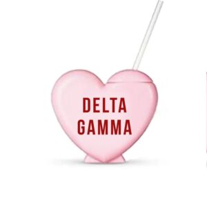 Sorority Shop Delta Gamma Tumbler with Straw - Candy Heart Shaped 16 Oz Tumbler with Lid and Silicone Straw, Reusable Plastic Cup with Screen Printed Sorority Name for any Cold Drink