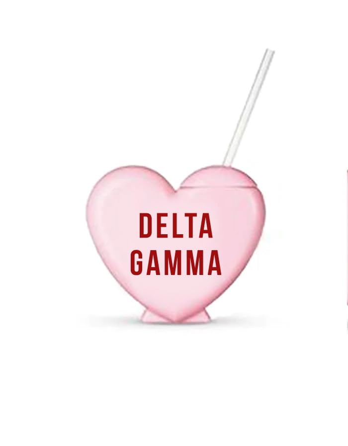 Sorority Shop Delta Gamma Tumbler with Straw - Candy Heart Shaped 16 Oz Tumbler with Lid and Silicone Straw, Reusable Plastic Cup with Screen Printed Sorority Name for any Cold Drink