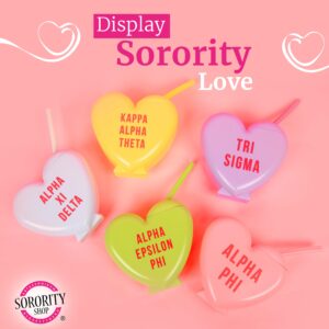 Sorority Shop Delta Gamma Tumbler with Straw - Candy Heart Shaped 16 Oz Tumbler with Lid and Silicone Straw, Reusable Plastic Cup with Screen Printed Sorority Name for any Cold Drink