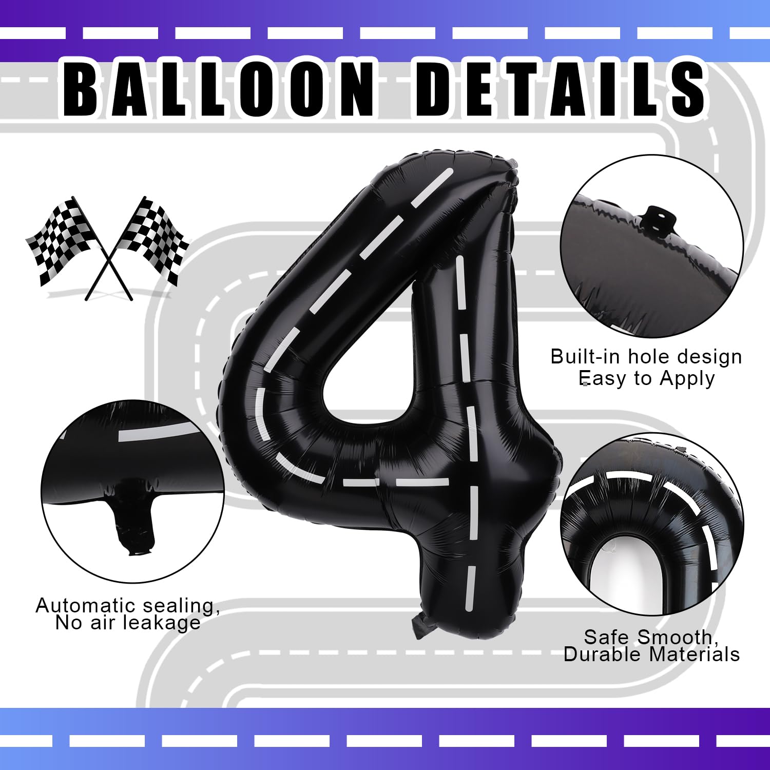 Race Car Balloon Number, 40 Inches Large Black Racetrack Number Balloon Race Car Birthday Balloons Race Car Theme Party Decorations for Boys' Birthday Party Baby Shower(4)