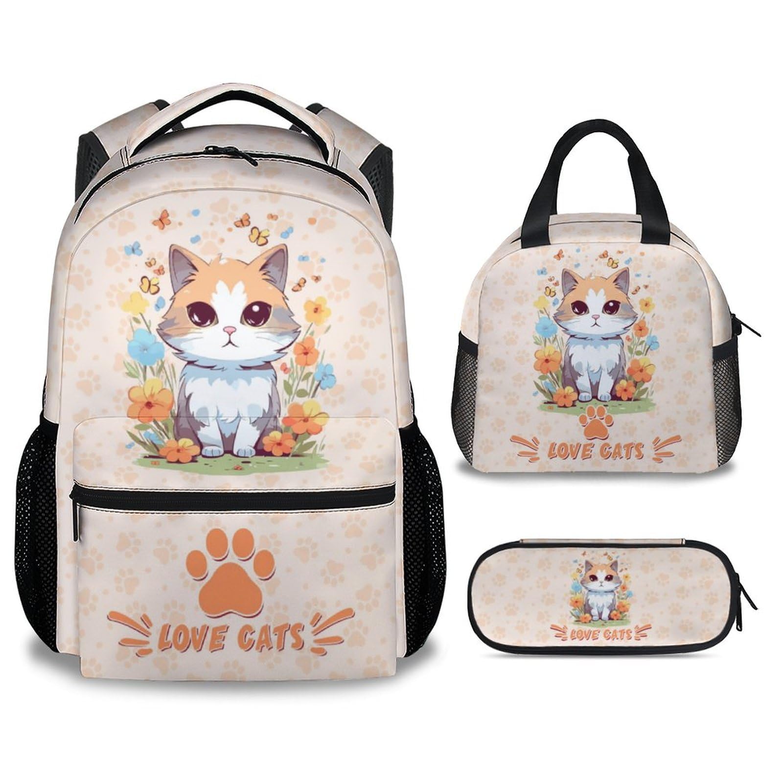 BEOIIBIRD Cat Backpack with Lunch Box Set for Girls, 3 in 1 School Backpacks Matching Combo, Cute Orange Bookbags and Pencil Case Bundle