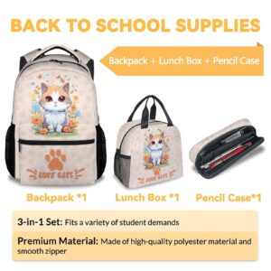 BEOIIBIRD Cat Backpack with Lunch Box Set for Girls, 3 in 1 School Backpacks Matching Combo, Cute Orange Bookbags and Pencil Case Bundle