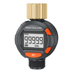 moistenland water flow meter, water meter with brass inlet, standard 3/4" metal, ip6x waterproof, water meter for garden hose/rvs/lawn/nozzle sprayer (brass inlet)