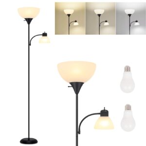 Floor Lamp for Living Room 9W LED Torchiere Floor Lamp with 9W Adjustable Reading Lamp Black 72" Tall Floor Lamps for Bedroom Office Two Independent Rotary switches Including 2 Light Bulbs